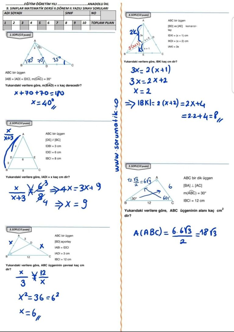 9.Sınıf Matematik 2.Dönem 2.Yazılı Soruları ve Cevapları | Sorumatik Blog